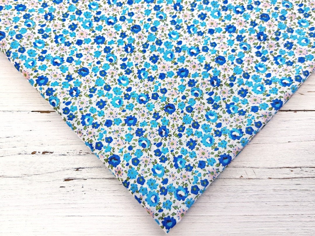 Blue Floral Fabric, Polycotton Fabric, Small Print Fabric, Flower ...