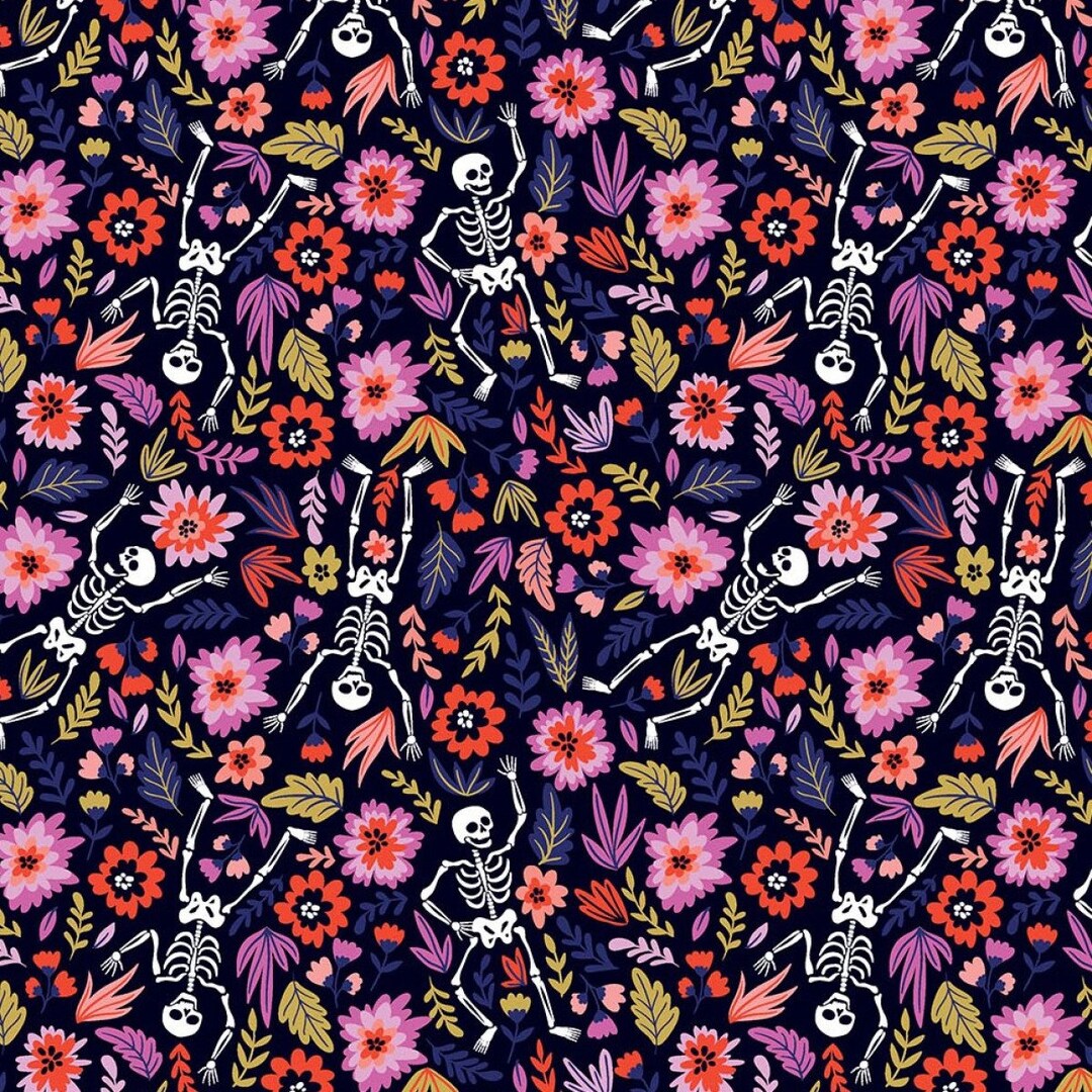 Floral Skeleton Fabric, 100% Cotton, Halloween Fabric, Quilting Fabric ...