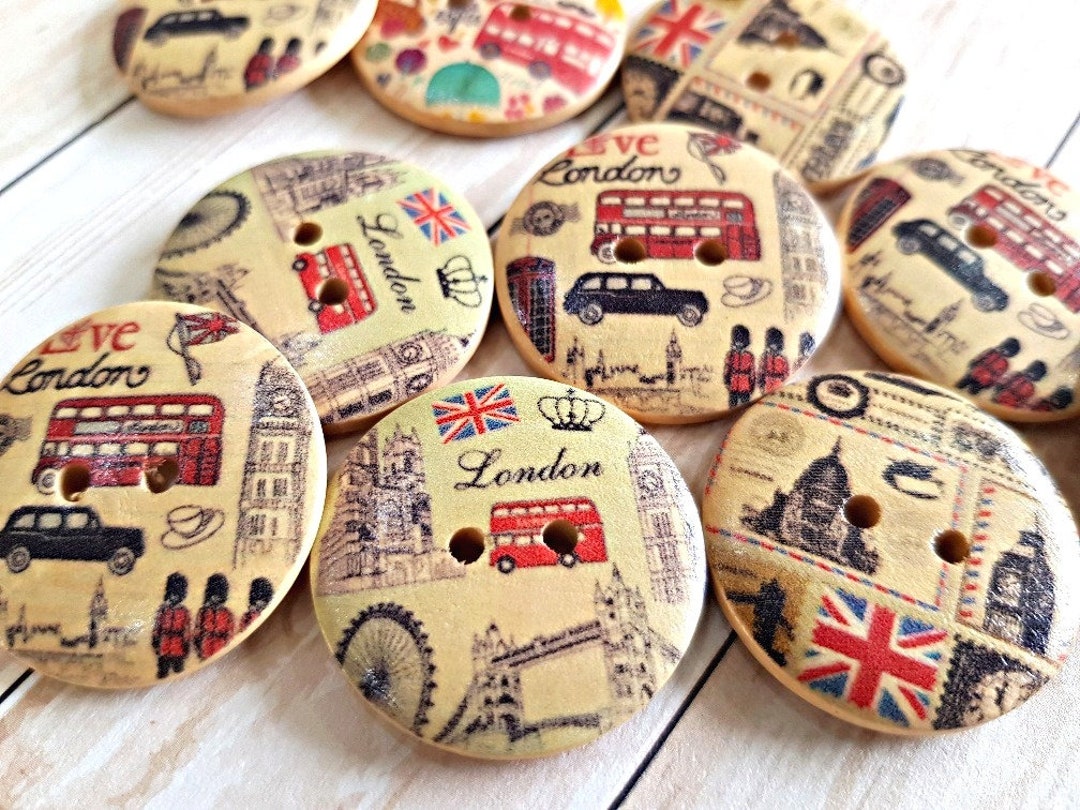 British Theme Wooden Buttons, UK Flag London Bus Tower Bridge ...