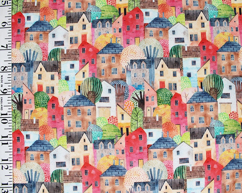 Town Houses Fabric, 100% Cotton, Quilting Fabric, Houses Cotton Print ...