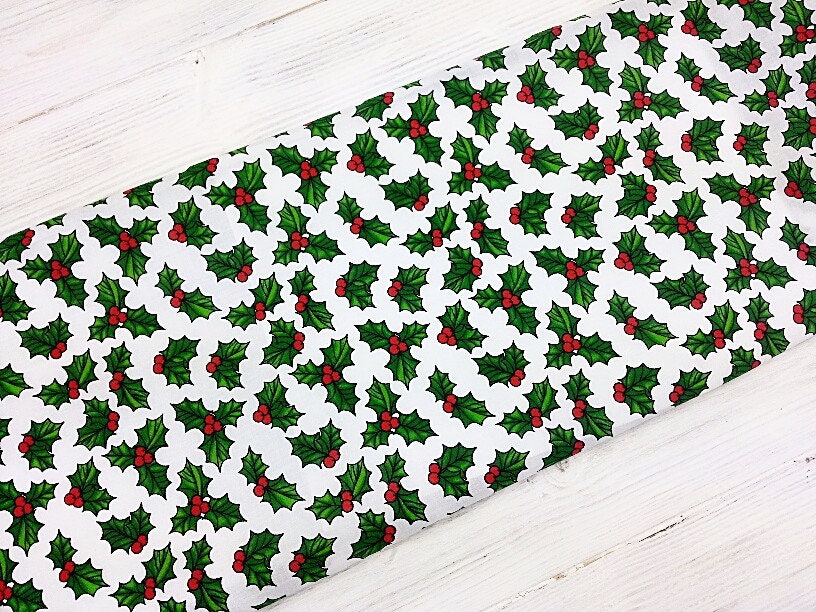 Christmas Fabric, Holly Fabric, Festive Fabric, Cotton Fabric, Holiday ...