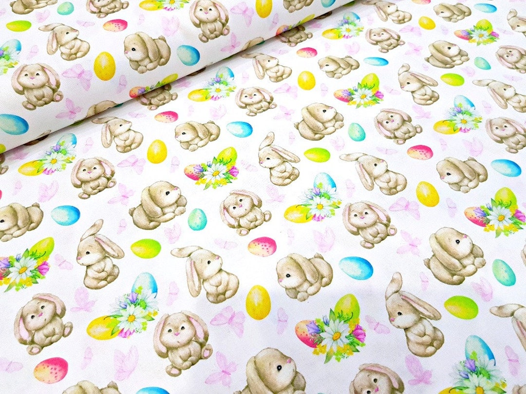 Easter Bunny Fabric, 100% Cotton, Cute Bunny Easter Eggs Butterfly ...