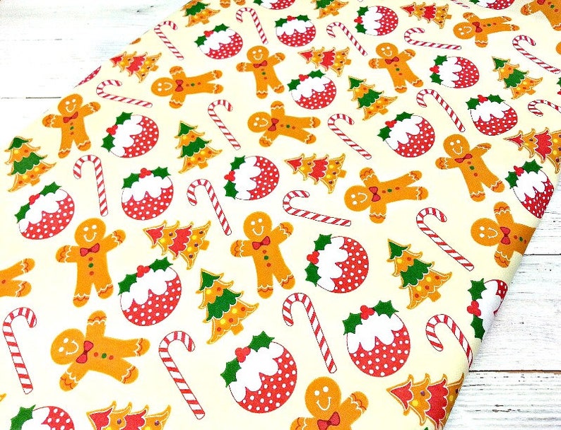 Christmas Gingerbread Man Fabric, Christmas Pudding Candy Canes ...
