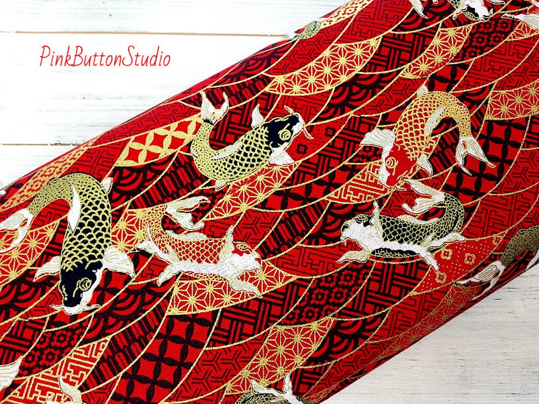 Fish Fabric, 100% Cotton, Metallic Gold Koi Fish Fabric, Japanese ...