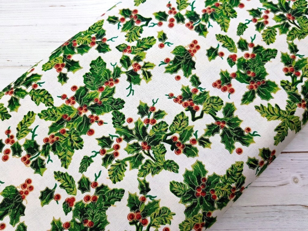 Christmas Holly Fabric, 100% Cotton, Holly Leaves Berries Print, 140 Cm ...