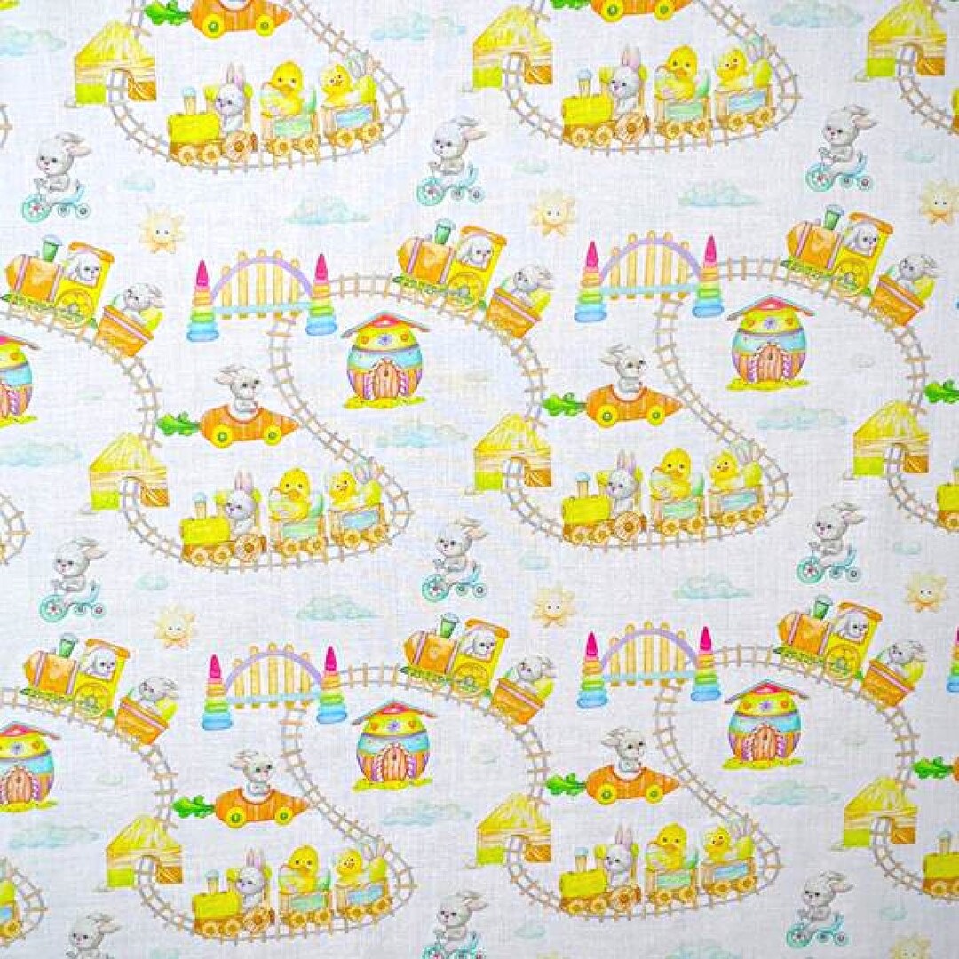 Easter Bunny Fabric, 100% Cotton, Cute Bunny Carrot Duck Print, 140cm ...