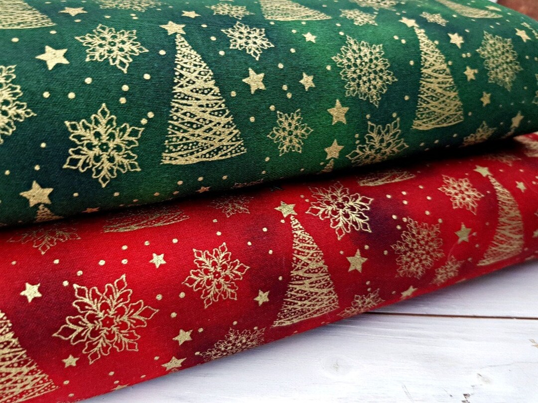 Christmas Tree Fabric, 100% Cotton, Metallic Gold Fabric, Festive ...