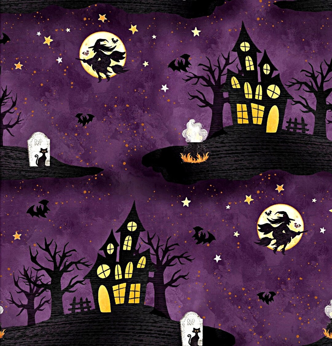 Halloween Haunted Houses Fabric, 100% Cotton, Quilt Material, Spooky ...
