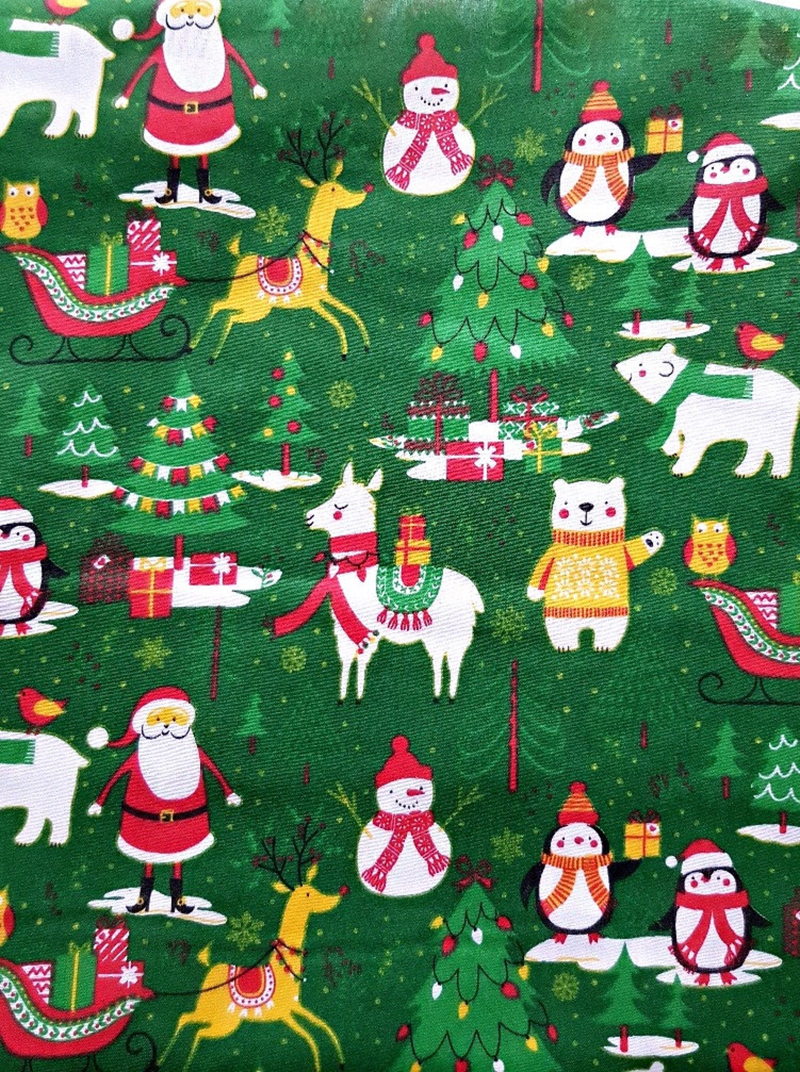 Christmas Fabric, Polycotton Fabric, Santa Reindeer Polar Bear Snowman ...