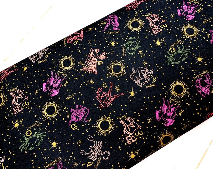 Astrology Zodiac Space Metallic Fabric, 100% Cotton, Celestial Star ...