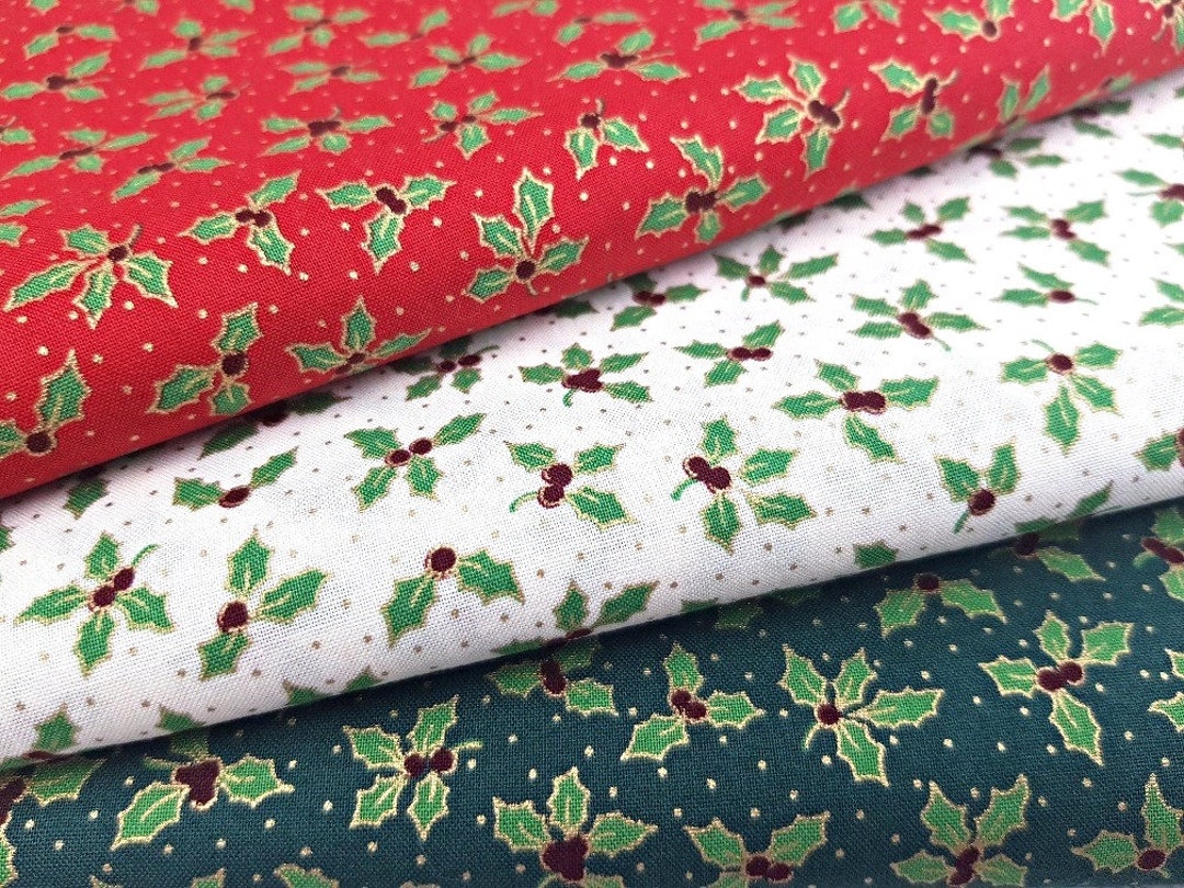 Christmas Holly Fabric, 100% Cotton, Holly Leaves Berries Gold Metallic ...