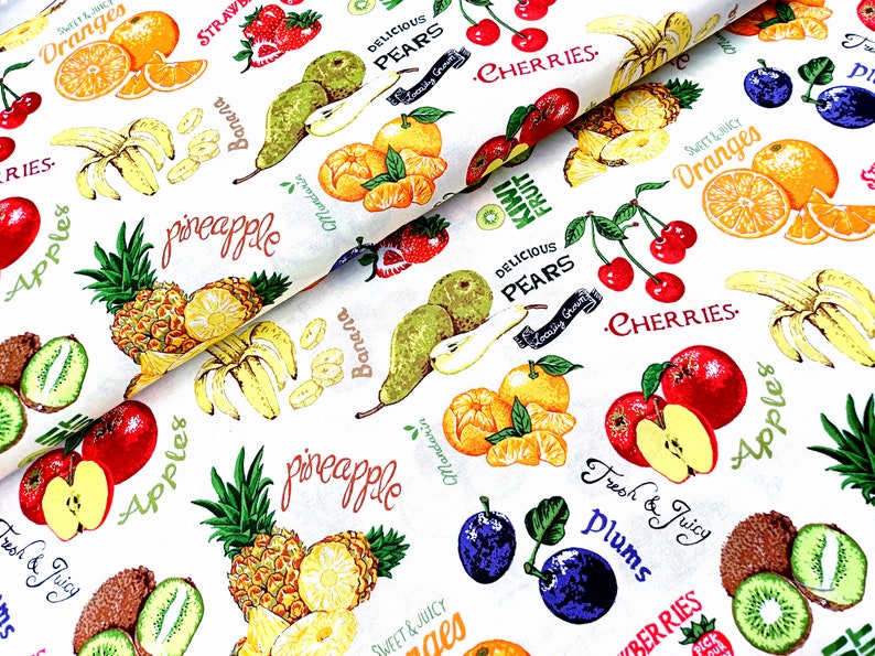 Fruits Fabric, 100% Cotton, Banana Apple Orange Cherry Print, Kitchen ...