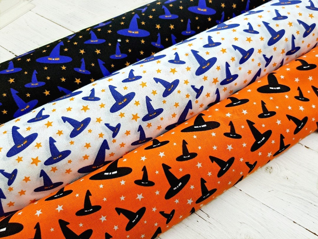 Halloween Witches Hat Fabric, Polycotton Fabric Orange Purple Black ...