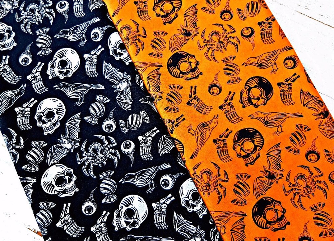 Halloween Polycotton Fabric, Spooky Fabric, Scarey Skull Bat Spider ...