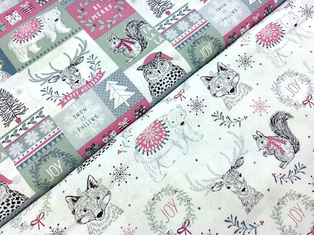 Woodland Christmas Fabric, 100% Cotton, Forest Animals Print, Quilting ...