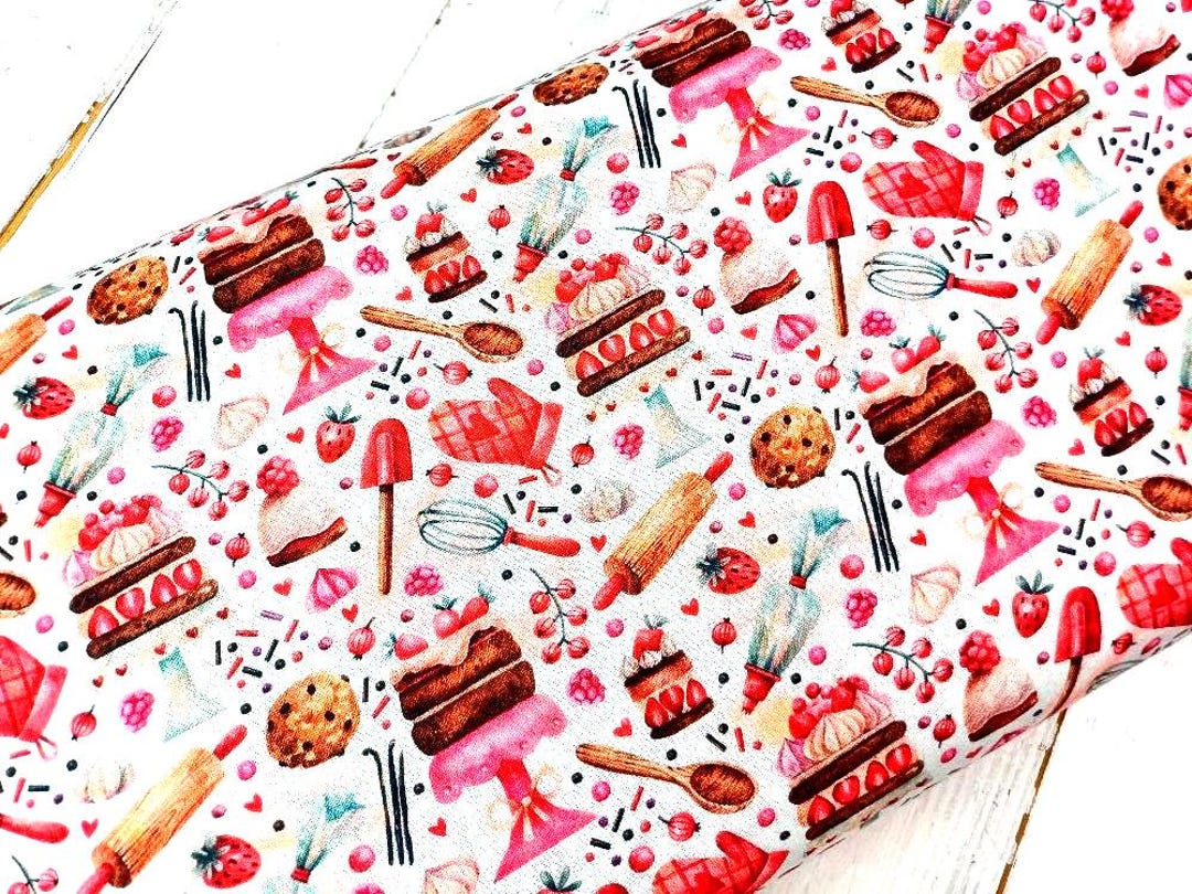 Baking Fabric, 100% Cotton, Strawberry Cake Cupcake Sweets Print ...