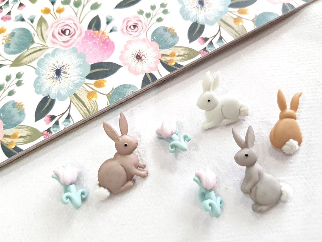 Easter Buttons, Cute Bunny Rabbits Floral Buttons, Dress It up Buttons ...