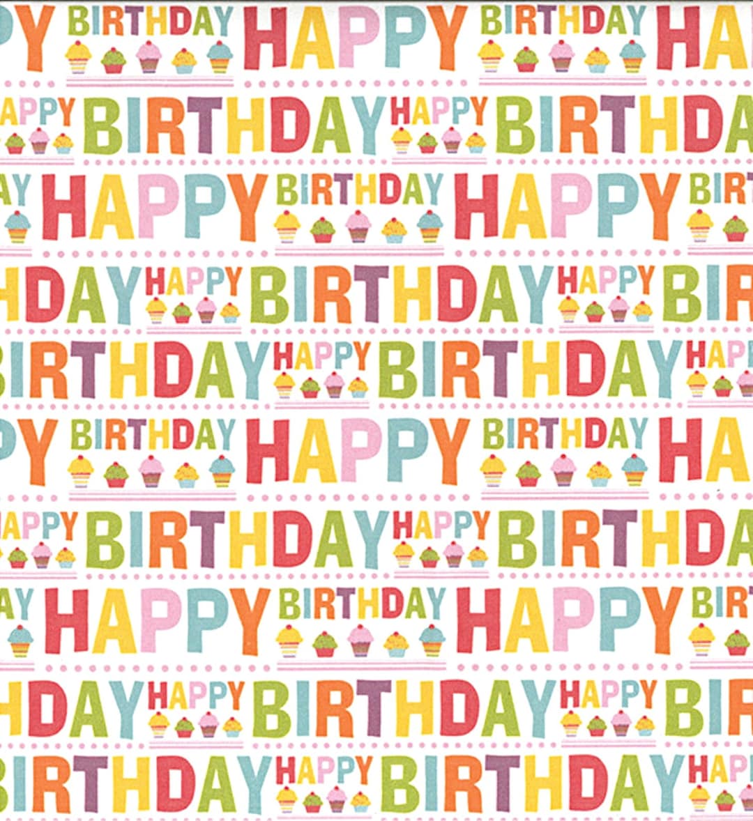 Happy Birthday Fabric, 100% Cotton, Pastel Rainbow Cupcake Print, 150 ...