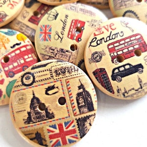 British Theme Wooden Buttons, UK Flag London Bus Tower Bridge ...