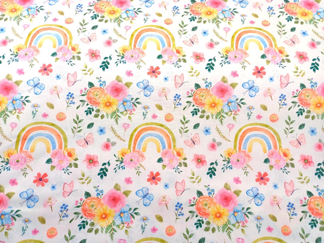 Rainbow Floral Butterfly Fabric, 100% Cotton, 150 Cm Wide Spring Garden ...