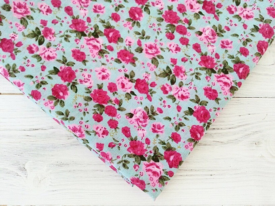 Pink Rose Polycotton Fabric, Small Flower Print on Blue, Sewing and ...