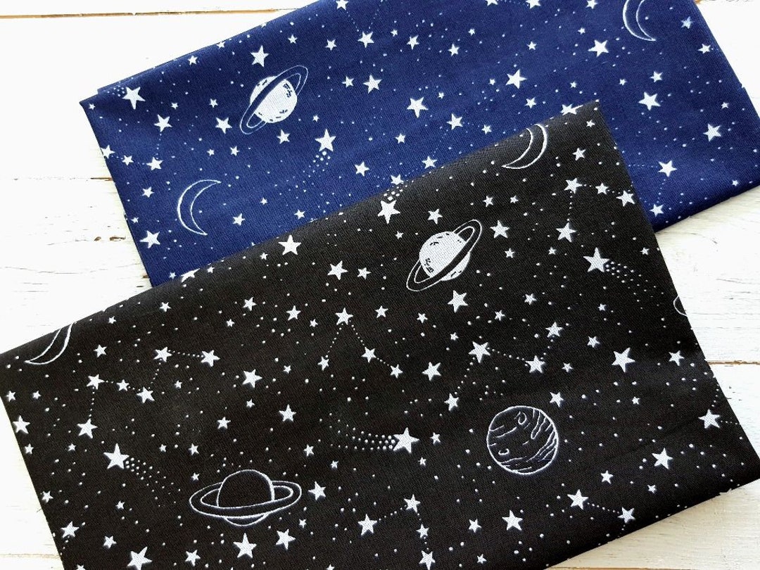 Space Fabric, Polycotton Fabric, Stars and Planets on Navy and Black ...