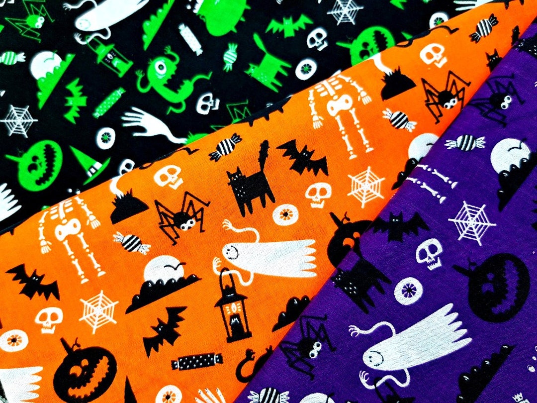 Halloween Polycotton Fabric, Spooky Fabric, Ghost Skeleton Pumpkin ...