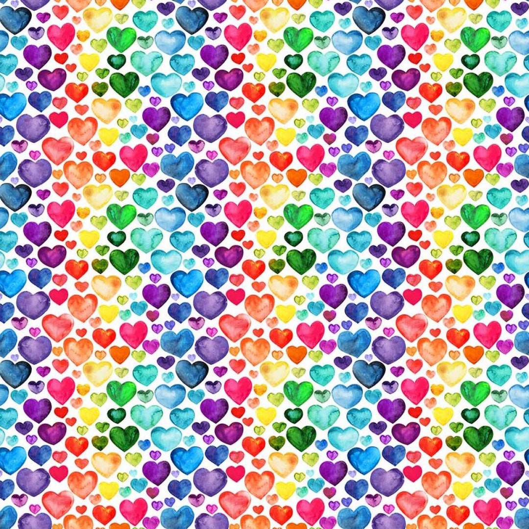 Heart Fabric, 100% Cotton, Rainbow Heart Cotton Print, Quilting Fabric ...
