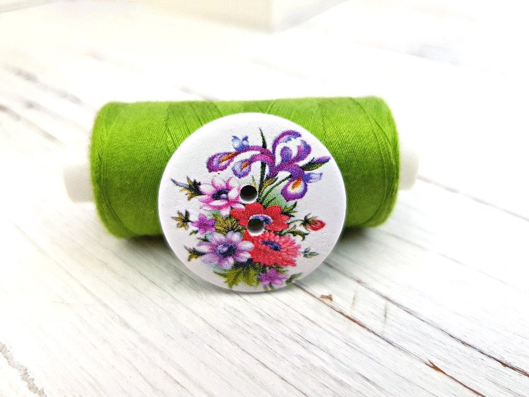 Floral Wooden Buttons, Flower Buttons, Large Round Two Hole Buttons ...