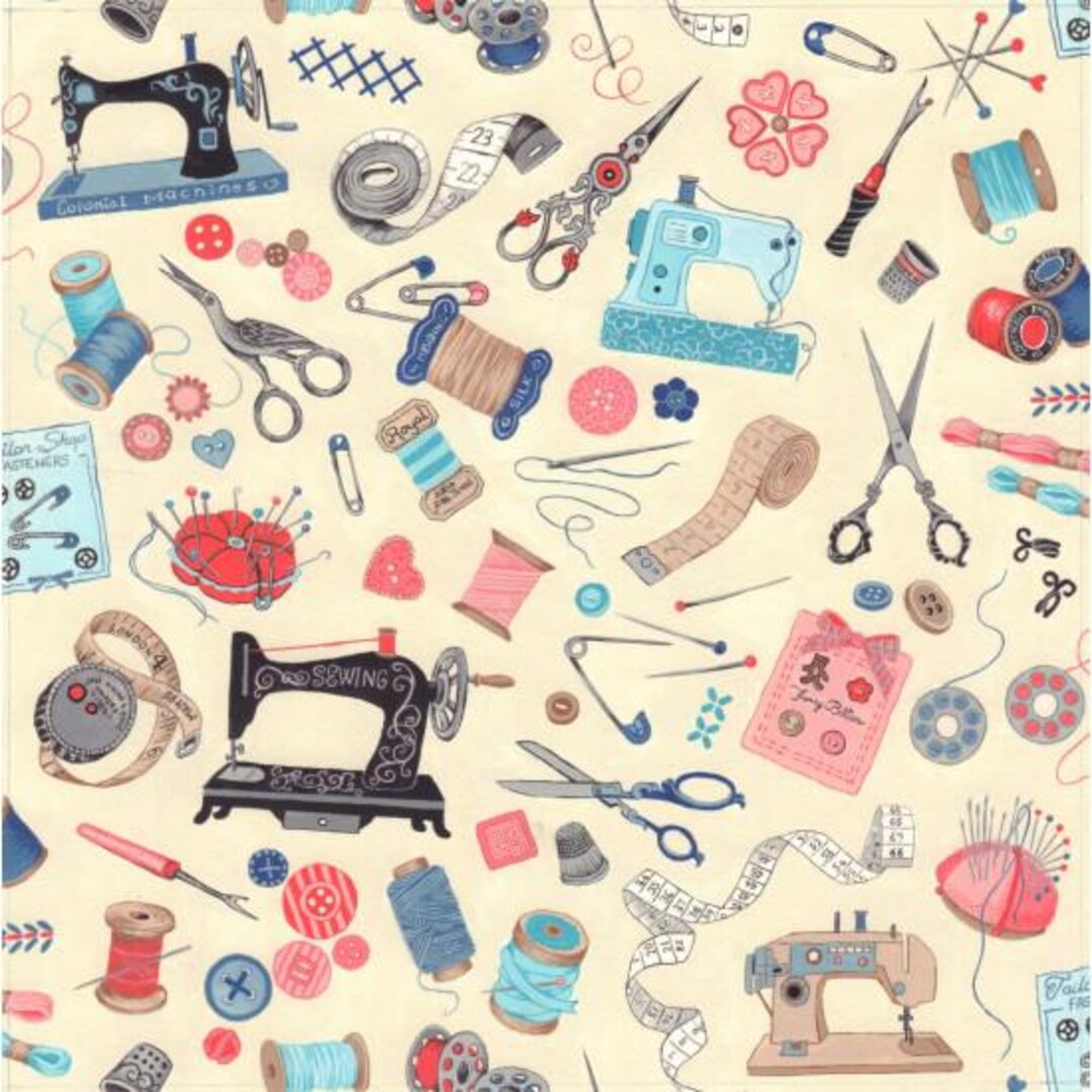 Sewing Theme Fabric, 100% Cotton, Sewing Machine Haberdashery Scissors ...