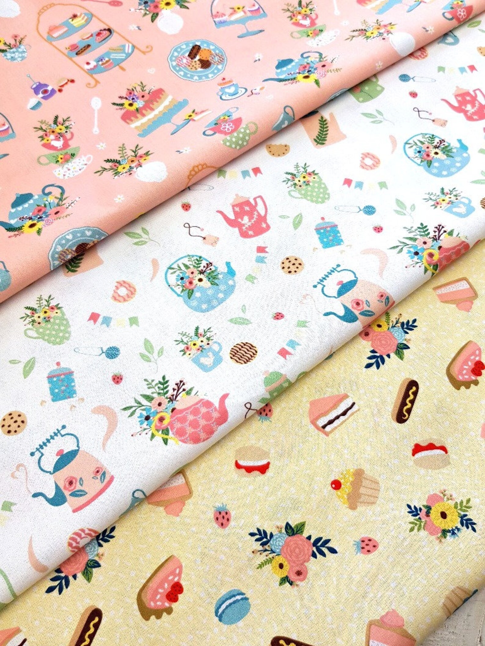 Tea Party Fabric, 100% Cotton, Quilting Fabric, Tea Pot Sweets Floral ...