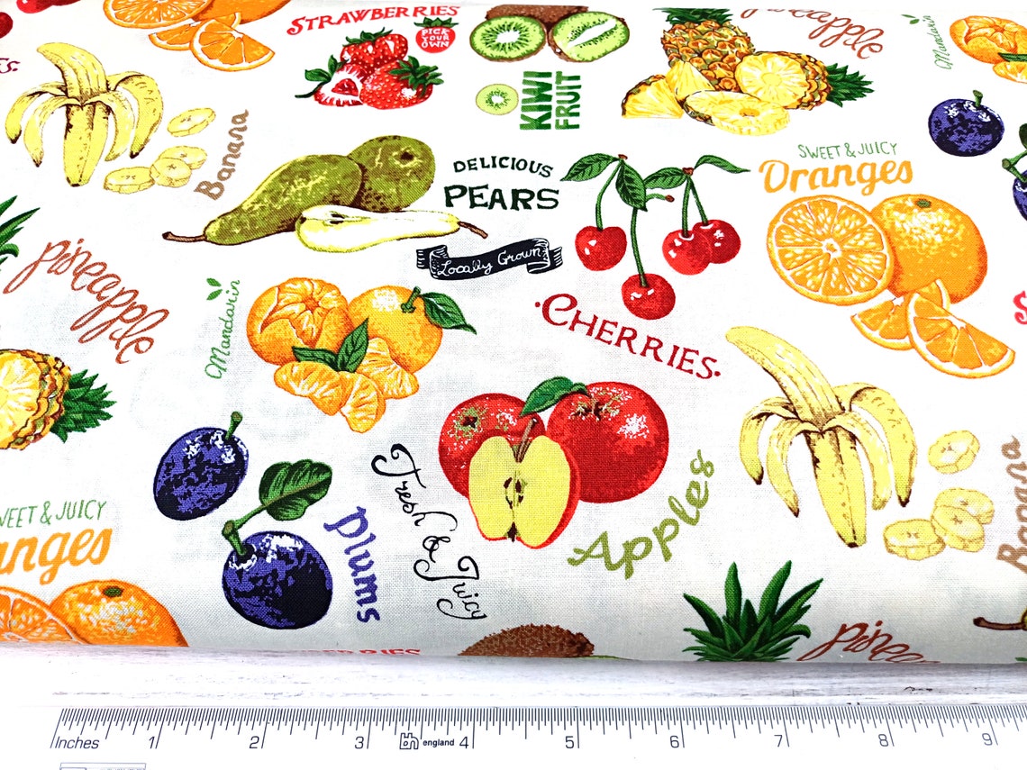 Fruits Fabric, 100% Cotton, Banana Apple Orange Cherry Print, Kitchen ...