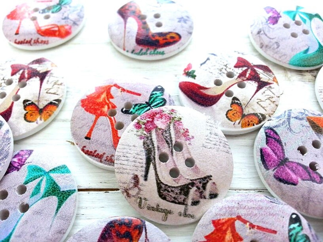 Vintage Shoes Wooden Buttons, 30mm, Sewing Buttons, Craft Buttons, Pack ...