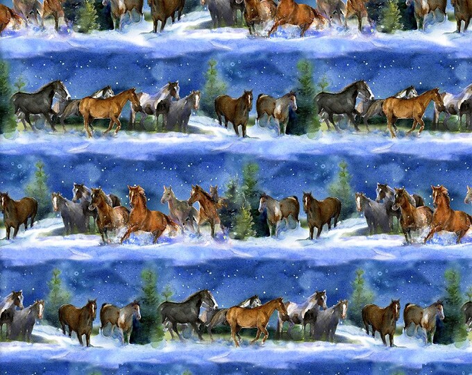 Horse Fabric, 100% Cotton, Horses Cotton Print on Blue, Animal Material ...