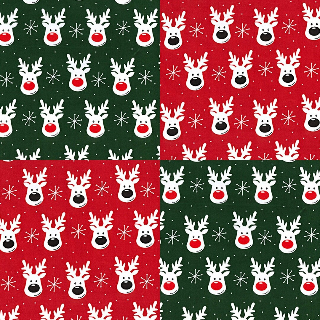 Christmas Cute Reindeer Rudolph Snowflake Polycotton Fabric, Quilting ...