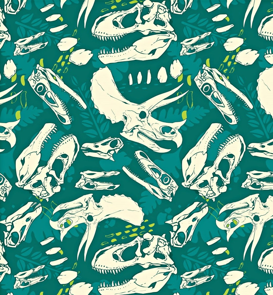 Dinosaur Fabric, 100% Cotton, Dinosaur Skulls Print on Green, Quilting ...