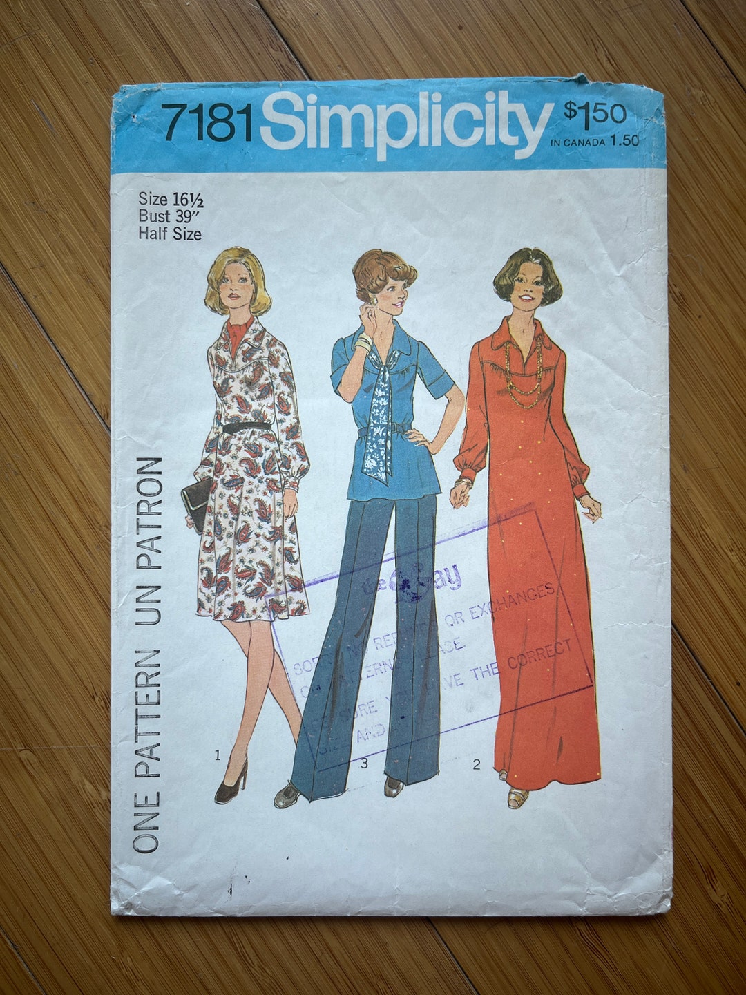 1975 Simplicity Pattern 7181. Size 16.5, Bust 39'' - Etsy