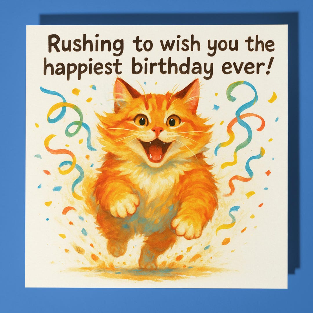 Cat Rushing - Happy Birthday Card - Funny Animal - Premium Greeting ...