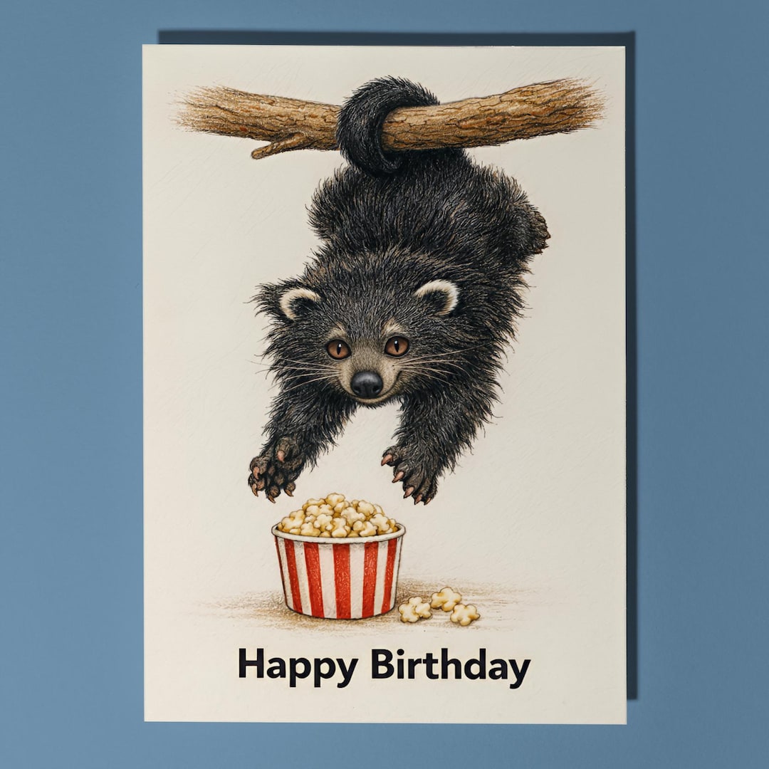 Popcorn Bearcat Buddy Funny Binturong Happy Birthday Card Animal Hugs ...