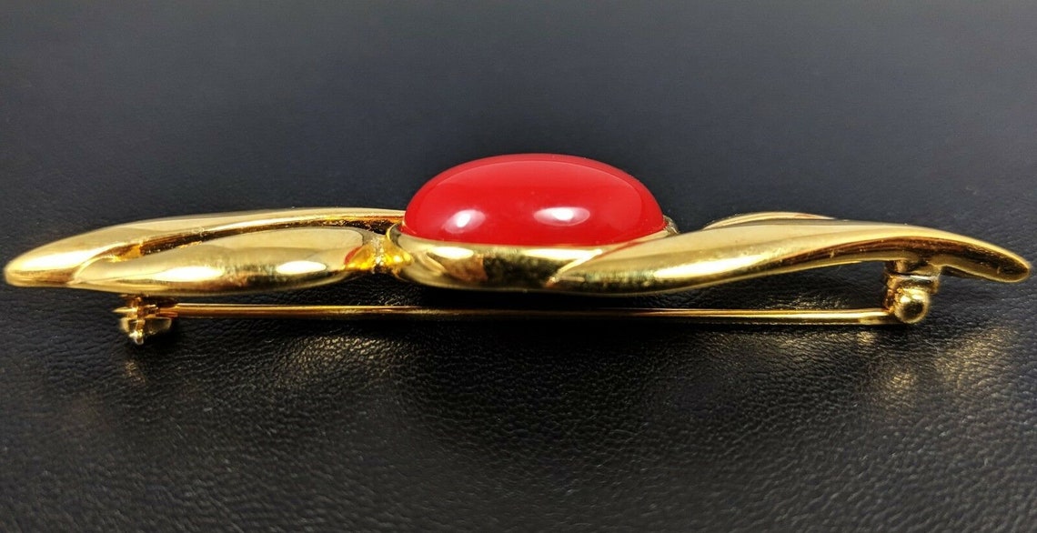 Beautiful Gold-tone Cherry Red Plastic Oval Cabochon Pin / Brooch by ...