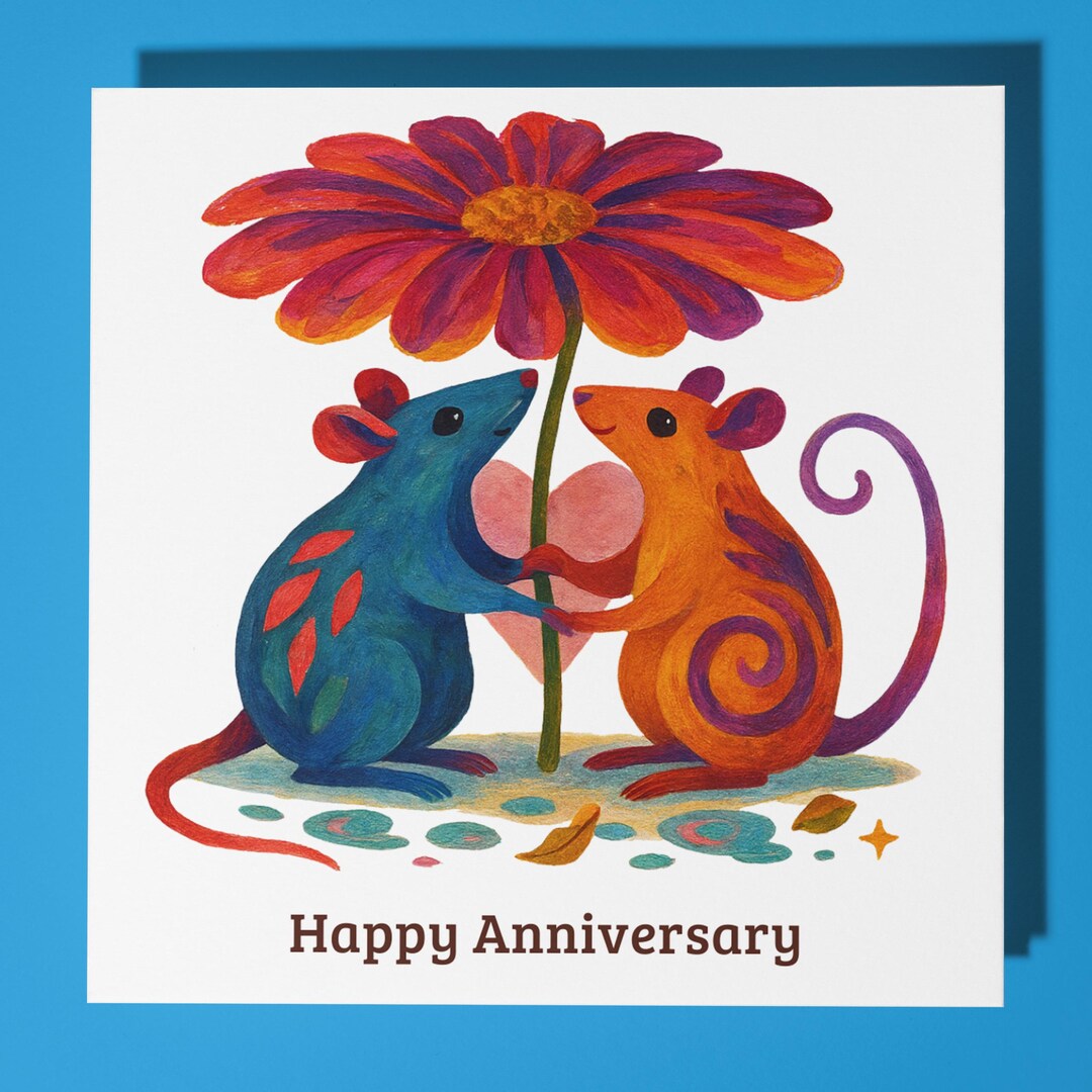 Rats Collection - Two Happy Rats With Flower - Happy Anniversary Card ...
