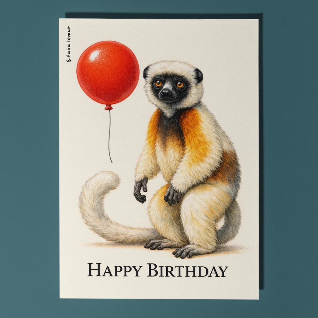 Sifaka Lemur Happy Birthday Card: Madagascan Wildlife Art (19.5 X 13 Cm ...