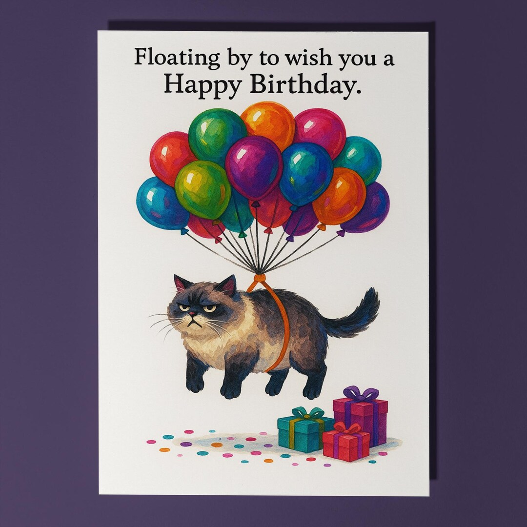 Grumpy Balloon Cat - Floating by to Wish You a Happy Birthday Card ...