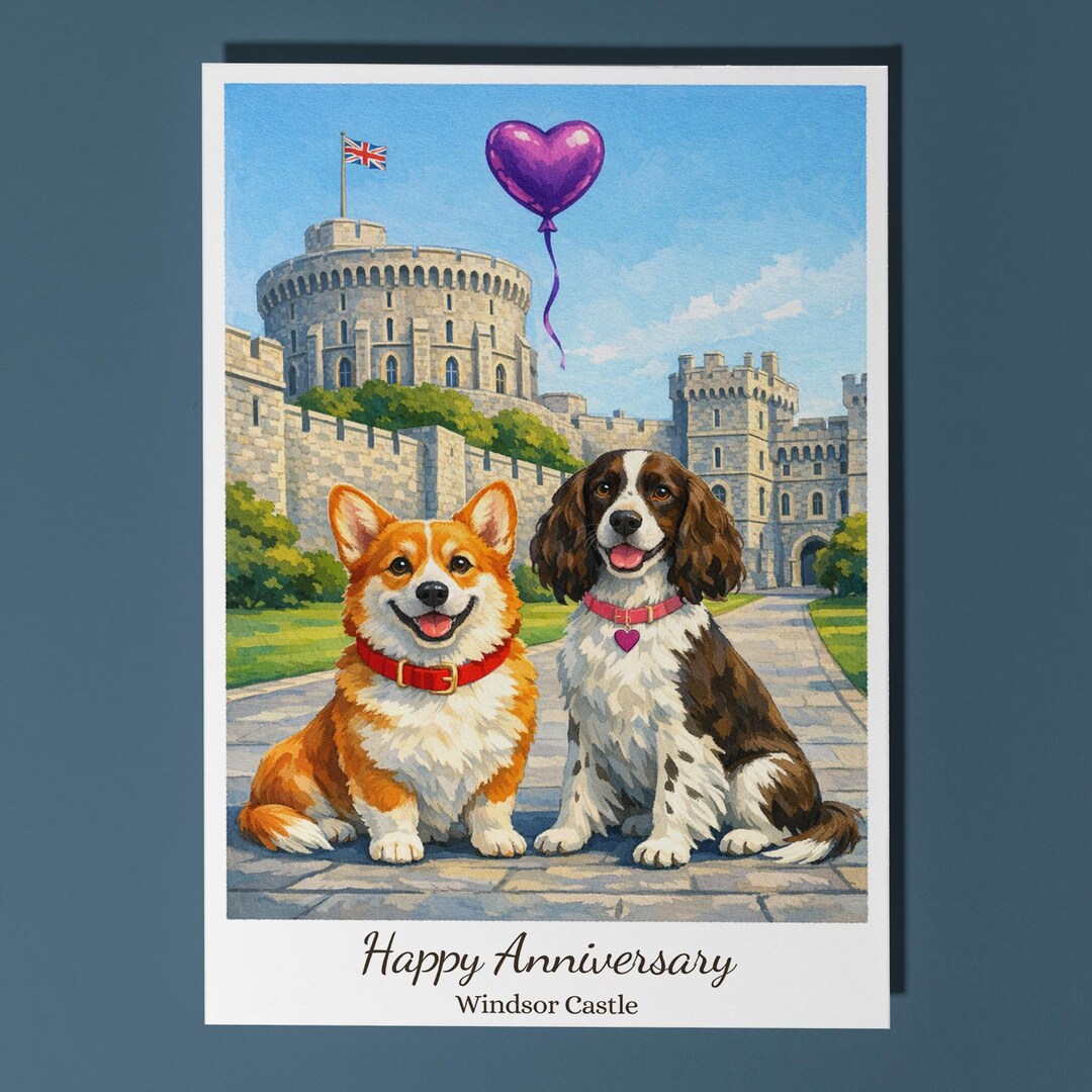 Windsor Castle Corgi & Springer Spaniel Dogs Happy Anniversary Card ...