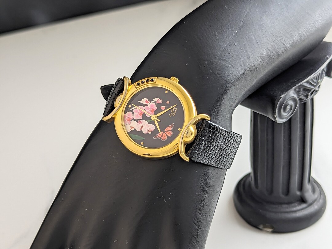 Ladies LE CHAT Pink Orchid Butterfly Rhinestone Leather Bracelet Watch ...