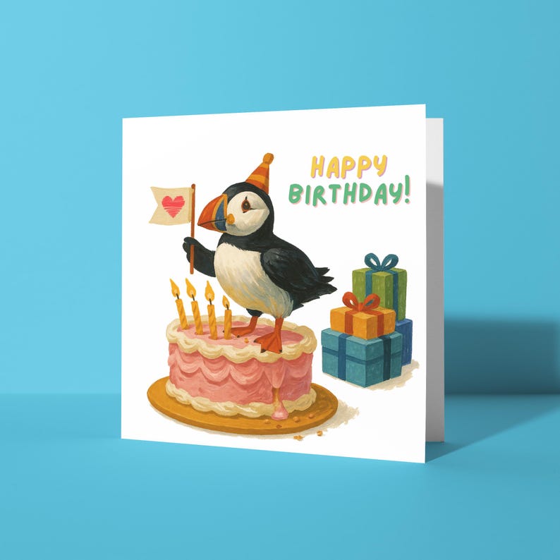Puffin and Cake Happy Birthday Card - Funny Animal - Premium Greeting ...
