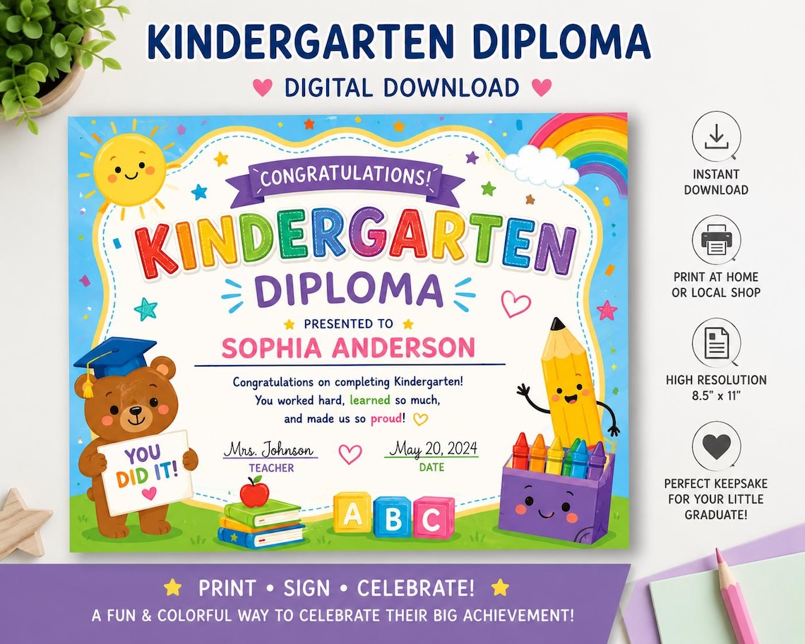 Kindergarten Diploma Certificate: Colorful Graduation Keepsake (digital ...