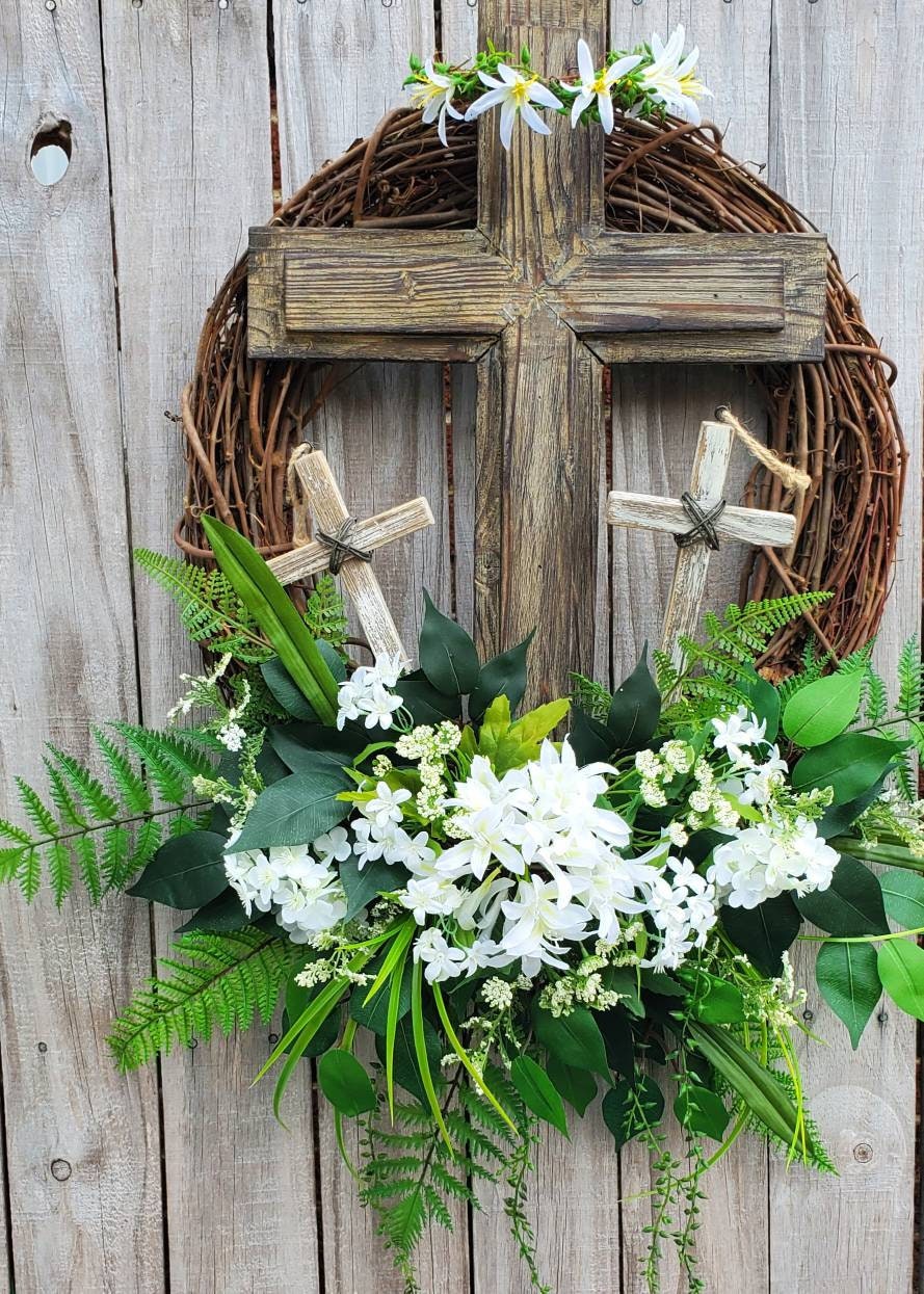 Easter Cross Wreath Spring Easter Wreath With Wooden Cross - Etsy
