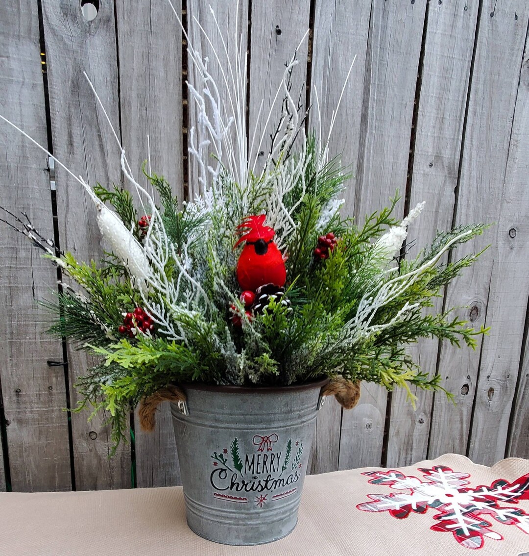 Rustic Merry Christmas Table Top Arrangement in Metal Rope Bucket With ...
