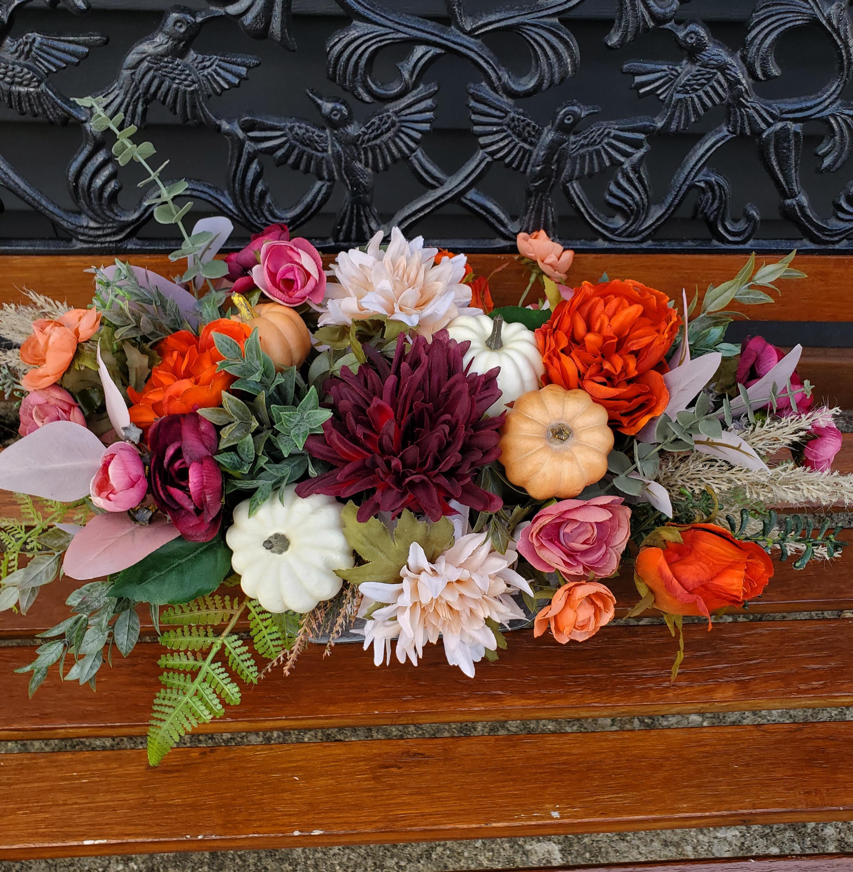 Thanksgiving Pumpkin Table Top Arrangement Ornage Burgundy Dusty Rose ...